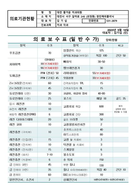 공지사항 [별표] 의료수가표 일반수가