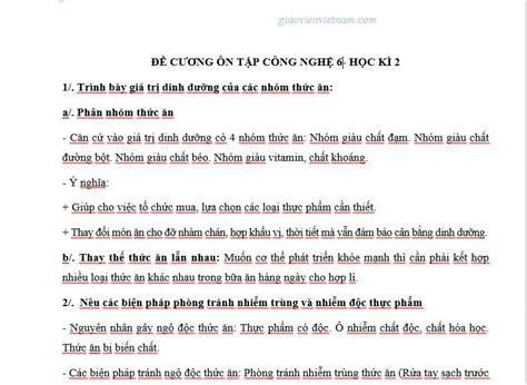 Đề Cương ôn Tập Công Nghệ 6 Học Kì 2 ôn Công Nghệ 6 Kì 2 Nhanh