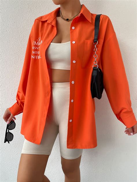 Shein Ezwear Camisa Amplia Con Estampado De Slogan Con Parche De