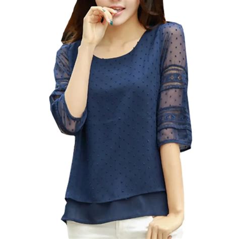 Chiffon Blouse Women Round Neck Half Sleeve Hollow Out Lace Patchwork