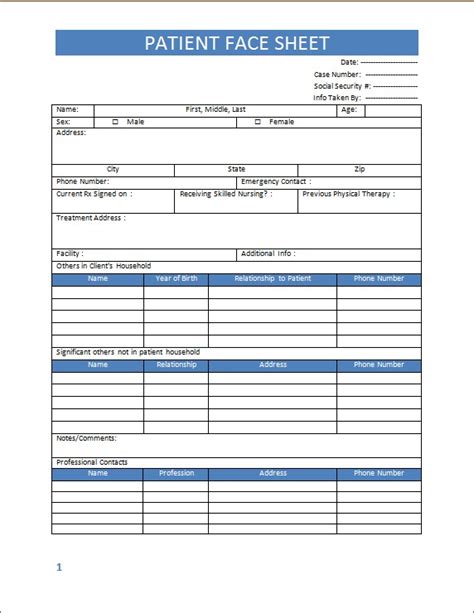 patient face sheet template microsoft word and excel templates