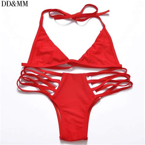 Ddandmm New Sexy Bikini Solid Bandeau Swimwear Halter Swimsuit Strappy