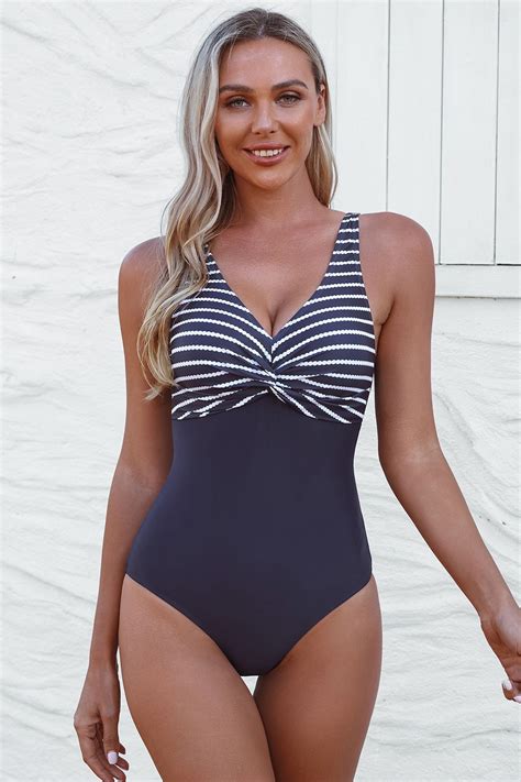 Blue V Neck Tummy One Piece Swimsuit Walkonbeach