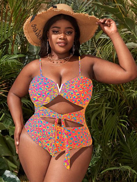 Plus Allover Print Cut Out Push Up One Piece Swimsuit Shein Usa