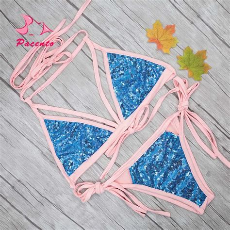 Pacento Shiny Sequin Bikini Bandage Swimwear Women Swimsuit Female