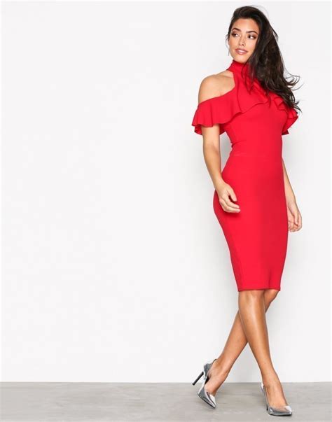 Missguided High Neck Frill Cold Shoulder Midi Dress Kotelomekko Red