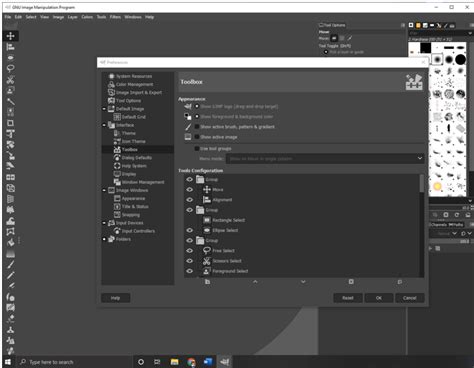 gimp toolbox creating a single column layout for toolbox