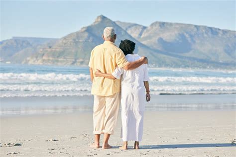 Old Couple At Beach Hug And Travel With Retirement And Love Outdoor