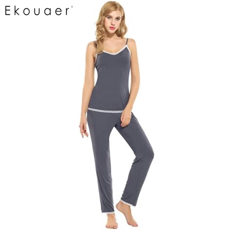 Ekouaer Rayon Pajamas Sets Spring Nightwear Long Pant V Neck Pajama