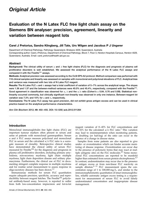 Pdf Evaluation Of The N Latex Flc Free Light Chain Assay On The