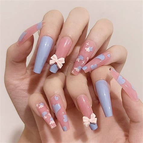 Cute Flower Press On Nails Coffin Long Fake Nails Glossy Bow Designed
