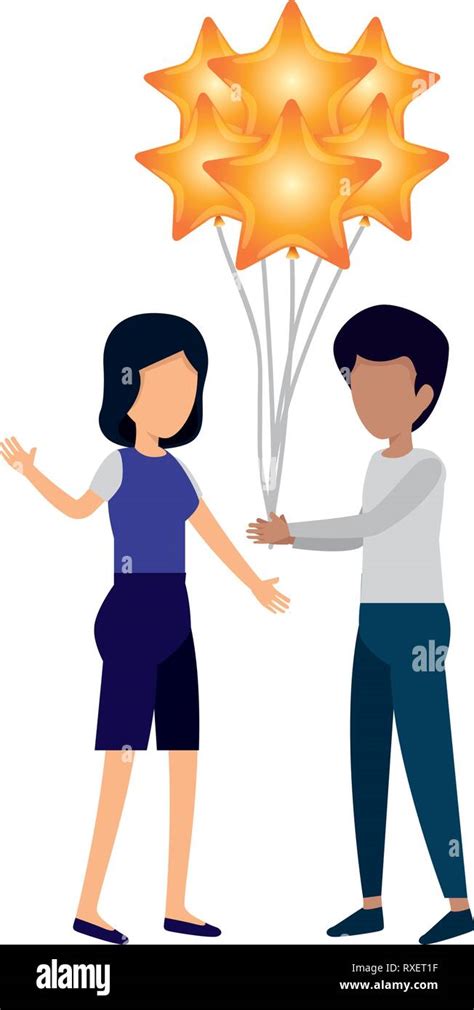 Couple And Balloons Helium Floating With Stars Shape Stock Vector Image