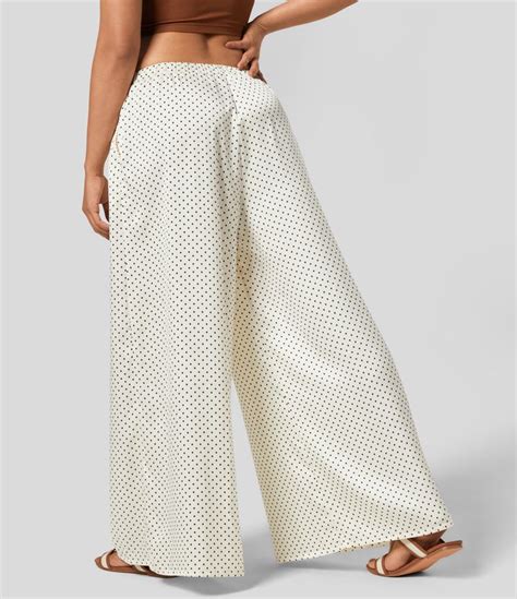 Womens Mid Rise Plicated Side Pocket Wide Leg Polka Dot Flowy Resort