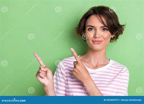 Photo Of Nice Bob Hairdo Millennial Lady Show Empty Space Wear White