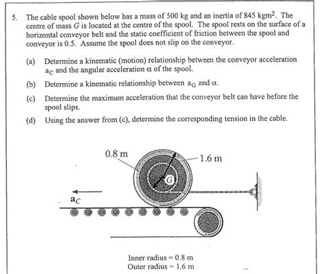 Solved 5 The Cable Spool Shown Below Has A Mass Of 500 Kg And An