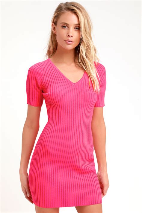 Chic Hot Pink Dress Ribbed Knit Dress Ribbed Bodycon Dress Lulus