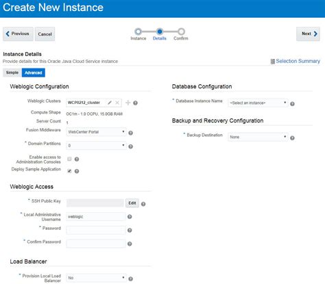 creating an oracle java cloud service instance for webcenter portal