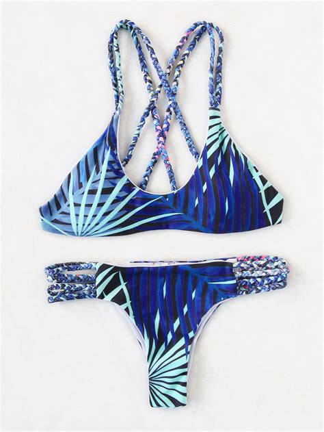 Shop Tropical Print Braided Detail Strappy Back Bikini Set Online