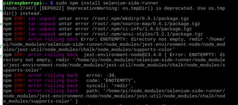 node js npm install failes with err tar unpack raspi