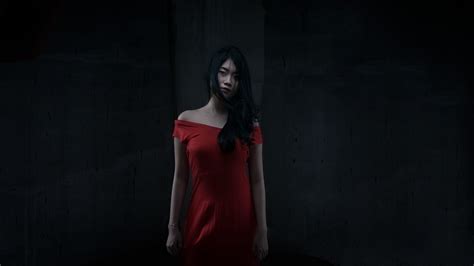 1008367 Women Model Dark Long Hair Red Asian Dress Red Dress