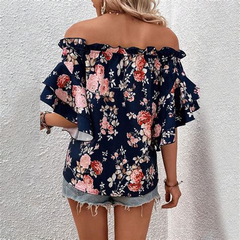 Damen Blumen Schulterfrei T Shirt Blusehemd Sommer Tops Kurzarm Tunika