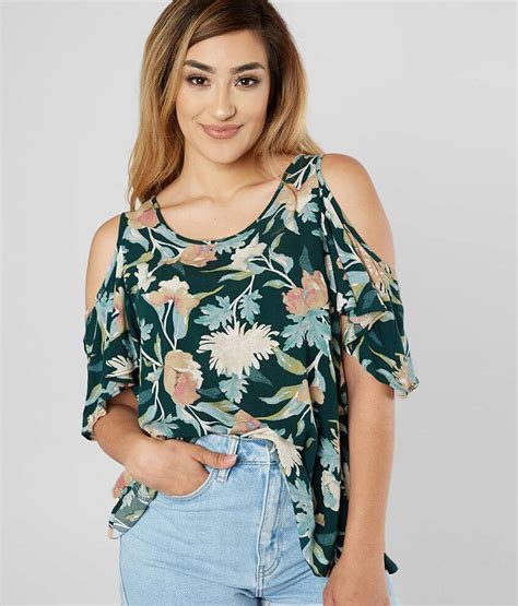 Daytrip Floral Cold Shoulder Top Womens Shirts Blouses In Teal Multi