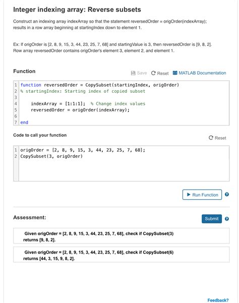 solved integer indexing array reverse subsets construct