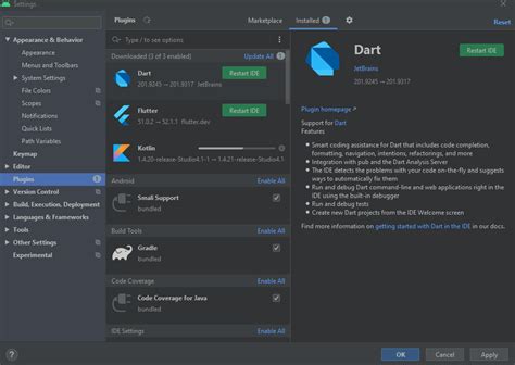 flutter and dart plugin not installed warnings in flutter doctor