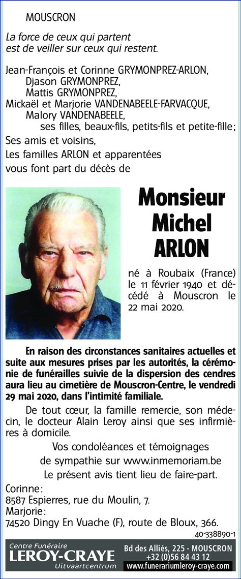 Avis De Décès De Michel Arlon Décédé Le 22 05 2020 à Mouscron Annonce