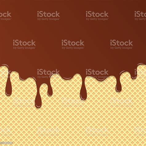 Dripping Chocolate Ice Cream Flowing Over Waffle Texture Background