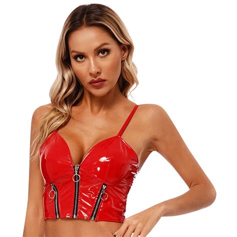 Womens Sexy Camisole Rave Party Costume Glossy Patent Leather Crop Top