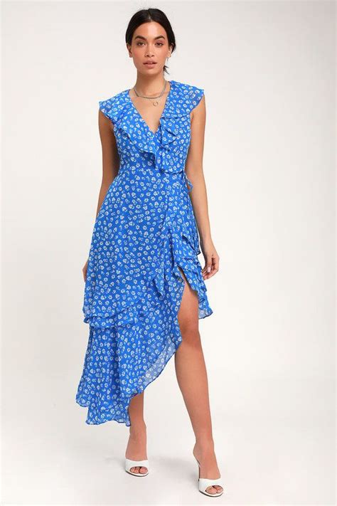 Cornelia Royal Blue Floral Print Ruffled Wrap Midi Dress Floral Print