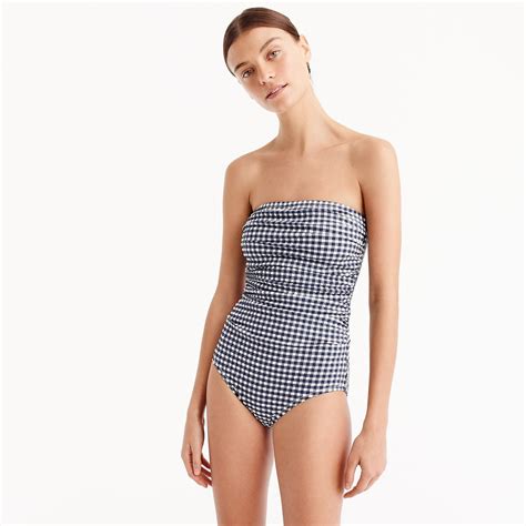 J Crew Synthetic Gingham Ruched Bandeau One Piece Swimsuit In Navy
