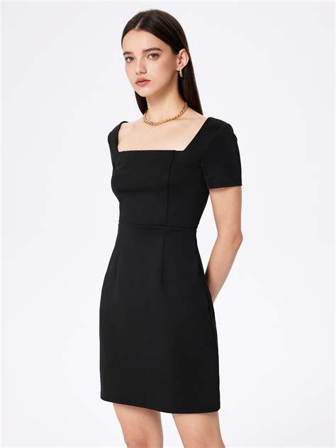 Woven Solid Square Neck Short Sleeve Bodycon Dress For Work