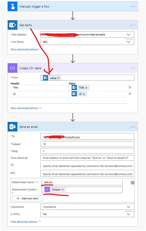 create csv table multiple rows and attaching csv power platform