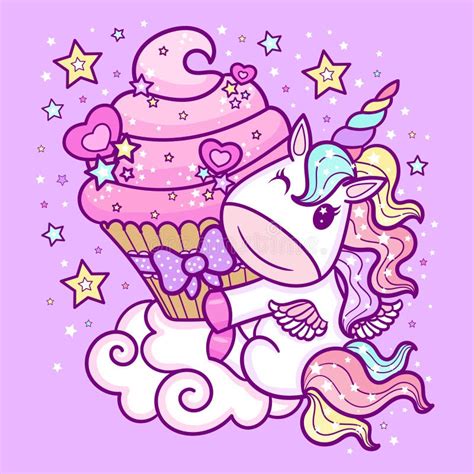 Unicórnio De Desenho Animado Com Cupcake Em Nuvem Fantasia Ilustração