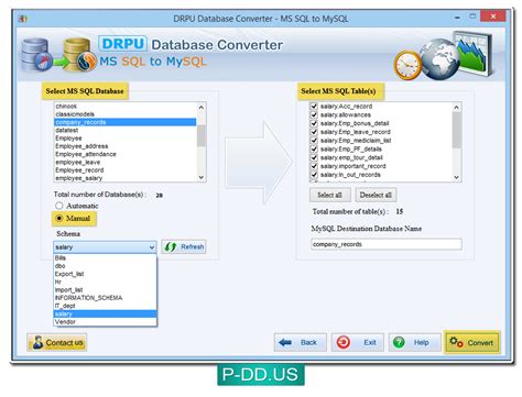 screenshots of mssql to mysql database conversion tool to