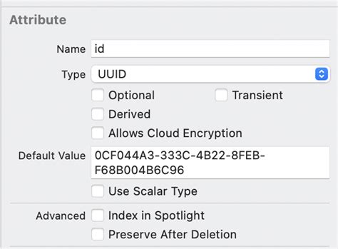 swift how do you set the default value of a uuid attribute in core