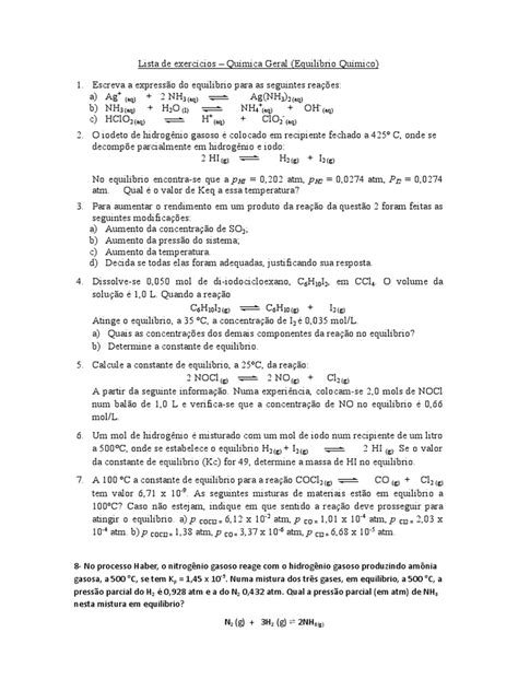 Lista De Exercícios Equilíbrio Pdf Equilíbrio Químico Hidrogênio