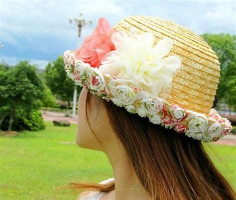 Womens Sun Straw Hat Flower Large Wide Brim Travel Beach Bucket Cord