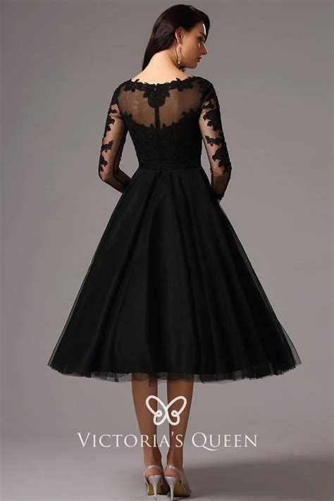 Elegant Long Sleeve Tea Length Illusion Black Lace And Tulle Cocktail