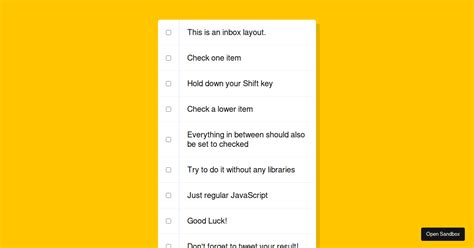 javascript 30 10 hold shift to select multiple checkboxes codesandbox