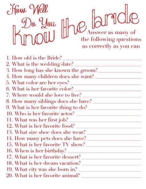 Bridal Shower Game Printables