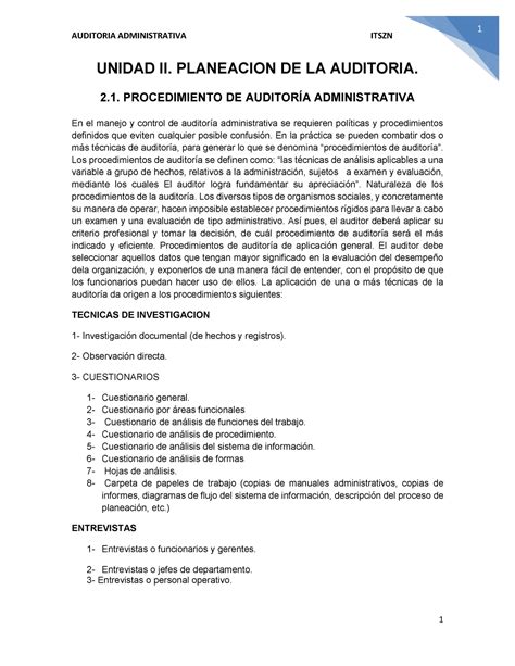 Unidad 2 Planeación De La Auditoria Auditoria Administrativa Itszn