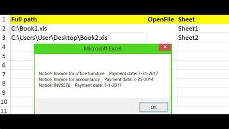 excel interactive notifications alerts windows popup for many multiple