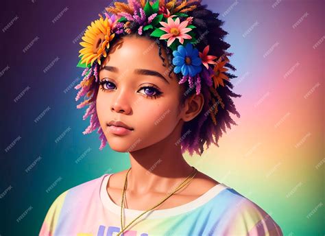 Premium Ai Image Portrait Beautiful Africanamerican Girl With Flowers