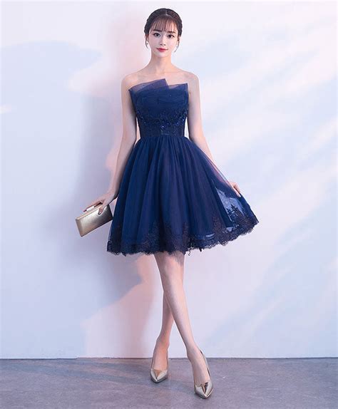 Cute Dark Blue Tulle Lace Short Prom Dress Homecoming Dress Shopluu