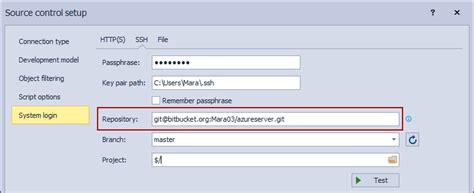 how to link a sql server database to a git repository using the ssh