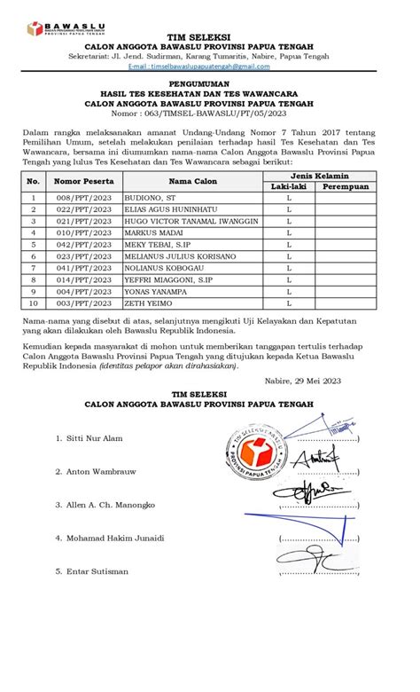 Timsel Umumkan 10 Nama Calon Anggota Bawaslu Papua Tengah Yang Lulus