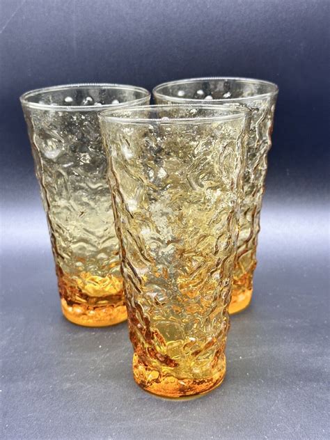 3 16oz Vintage Anchor Hocking Lido Milano Crinkle Glasses Tumblers